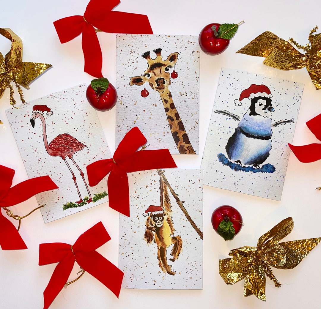 4 Pack of Christmas Cards, Funny Animals, Xmas Theme, Penguin ...