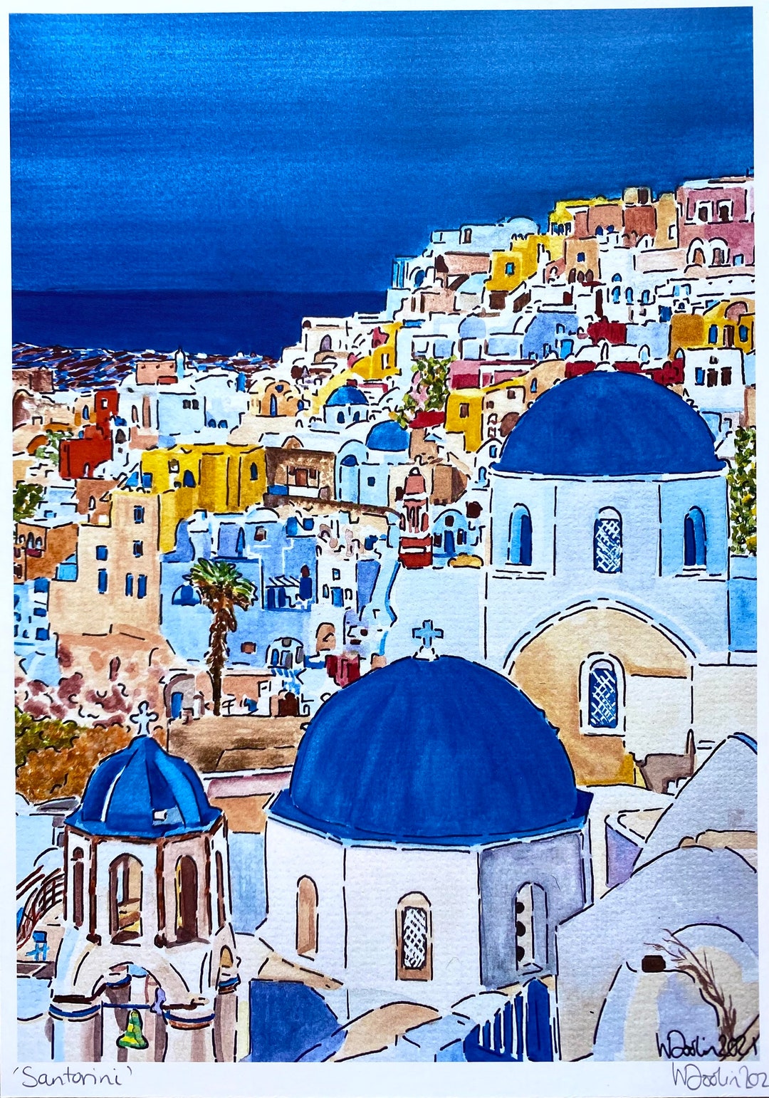 A4 Art Print of santorini, the Original Watercolour Painting by Wendy ...