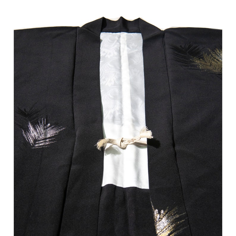 Black Gold and Silver Feather Embroidered Silk Antique Short Kimono ...