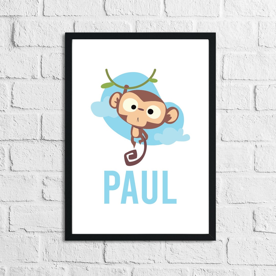 Cartoon Monkey Personalised Name Blue Children's Room Wall Decor Print ...