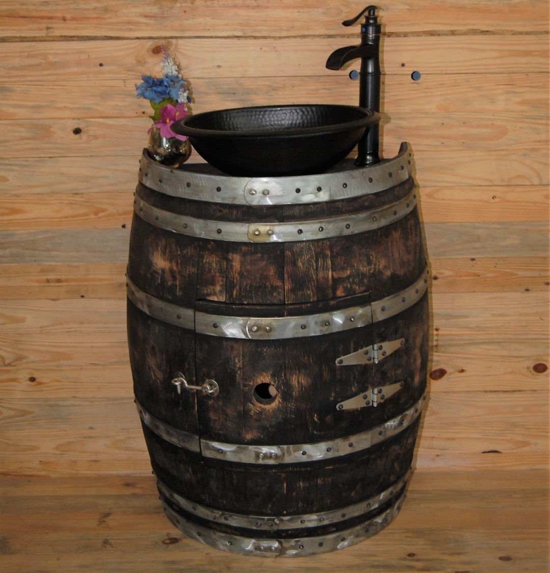 Distressed Rustic 1/2 Wine Barrel Vanity With Black Hammered Vessel ...