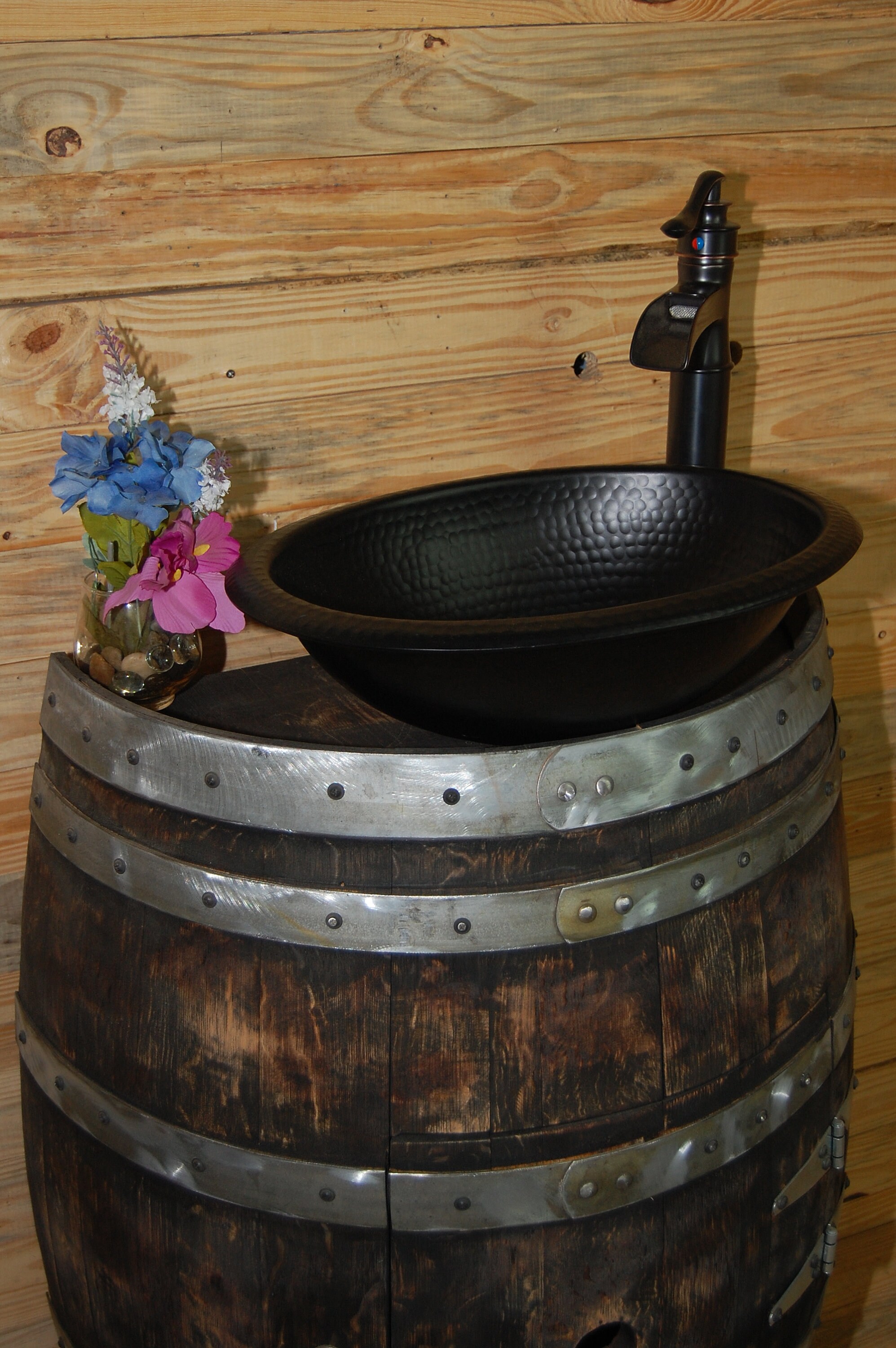 Distressed Rustic 1/2 Wine Barrel Vanity with Black Hammered | Etsy