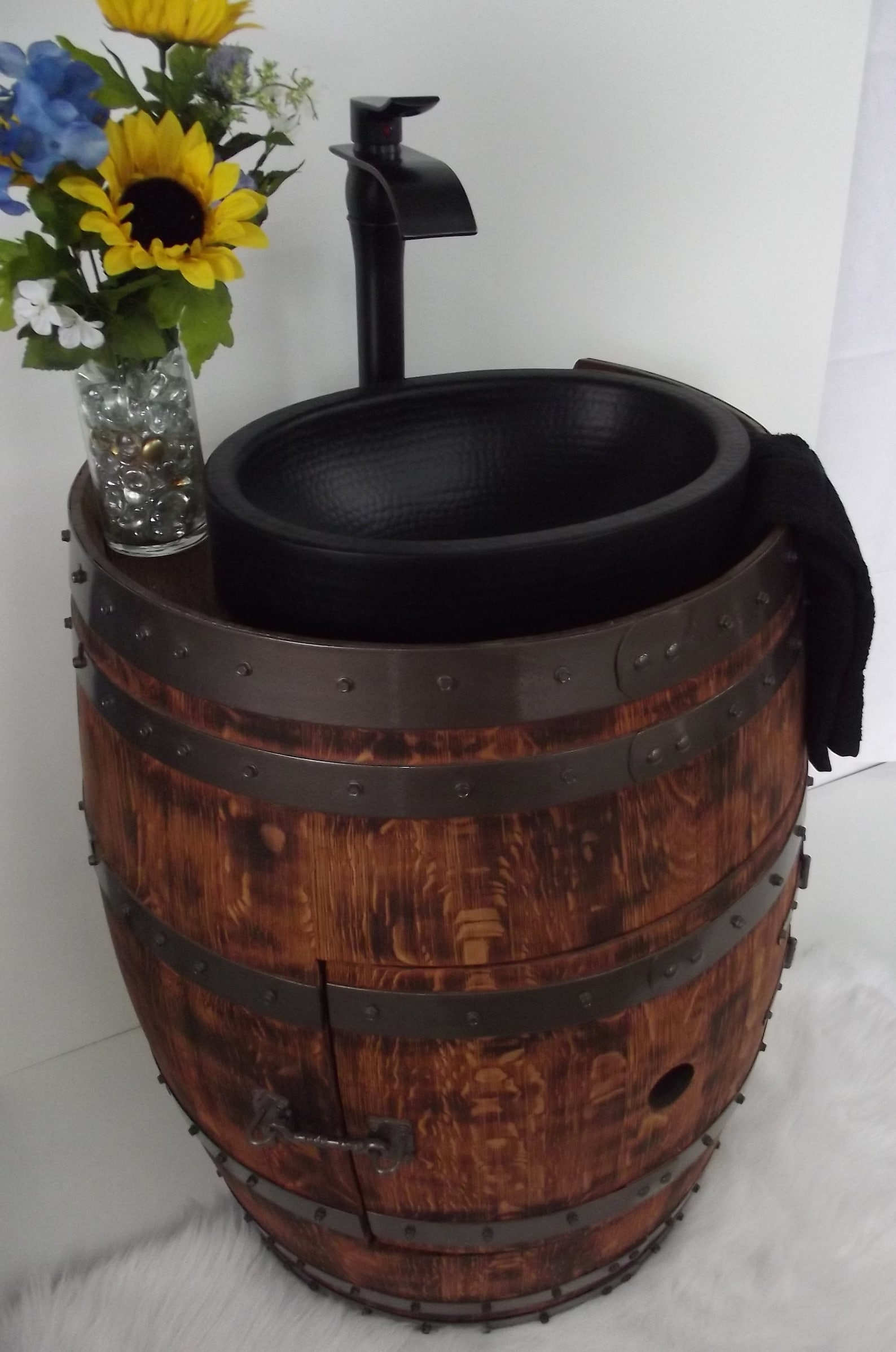 Flat Back Barrel Vanity With Black Skirted Hammered Sink and | Etsy