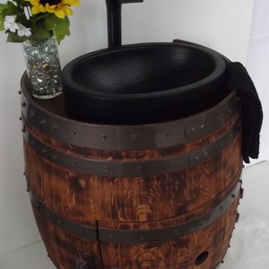 Flat Back Barrel Vanity With Black Skirted Hammered Sink and Modern ...