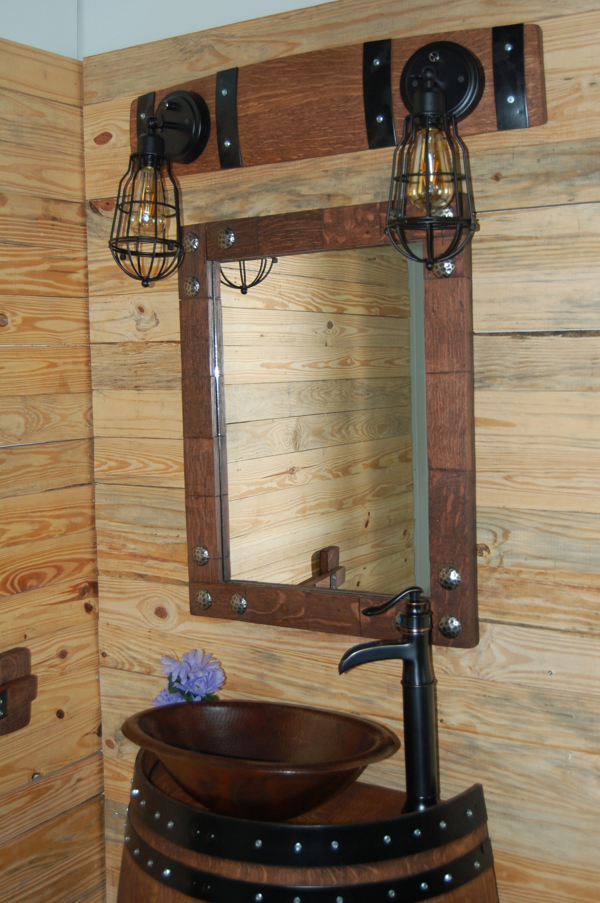 Twin Vanity Edison Cage Pendant Lights on Wine Barrel Staves | Etsy