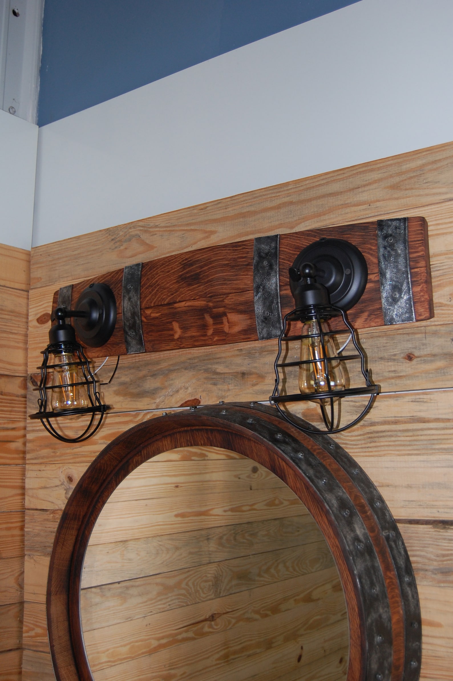 Twin Vanity Edison Cage Pendant Lights on Wine Barrel Staves | Etsy