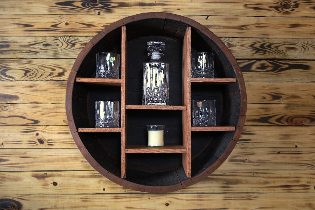 Whiskey Barrel Decanter Set With Shelf, Decanter and 4 Glasses - Etsy