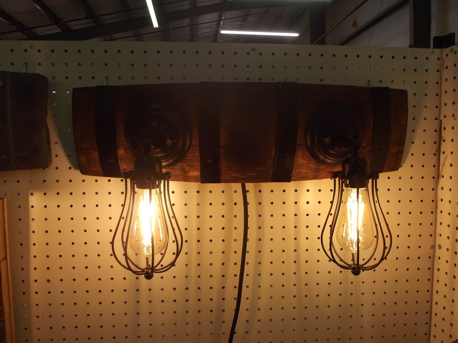 Twin Vanity Edison Cage Pendant Lights on Wine Barrel Staves | Etsy