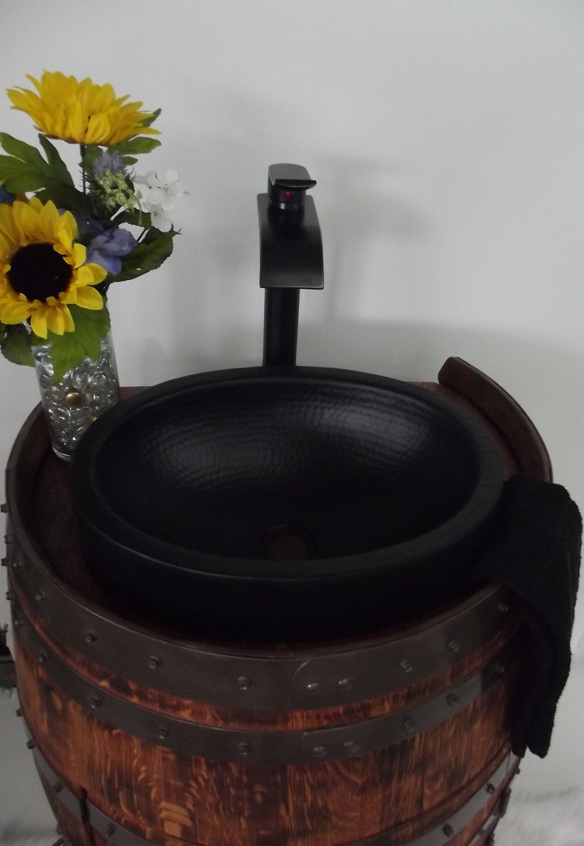 Flat Back Barrel Vanity With Black Skirted Hammered Sink and | Etsy