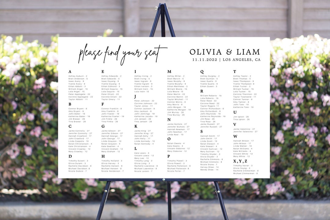 Printed Wedding Seating Chart | Personalized Guest List and Seating ...