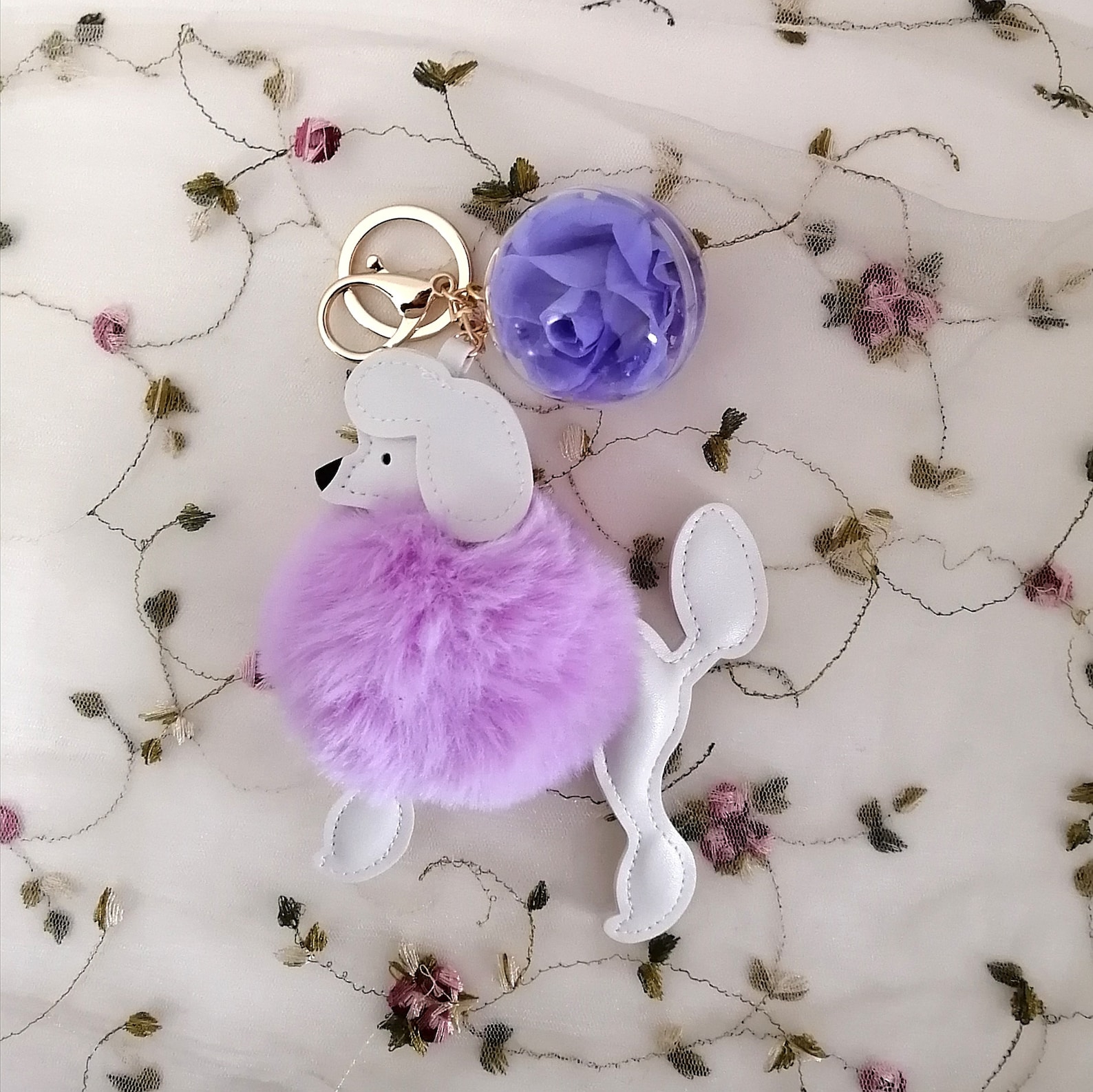 Fluffy Puppy Dog Key Chain Bag Charm with Preserved Rose | Etsy