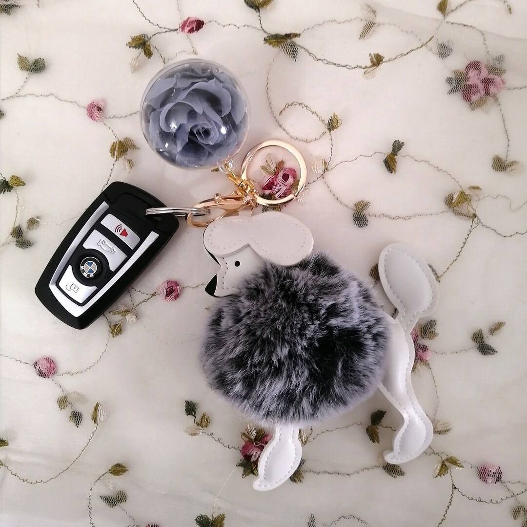 Fluffy Puppy Dog Key Chain Bag Charm With Preserved Rose | Handbag ...