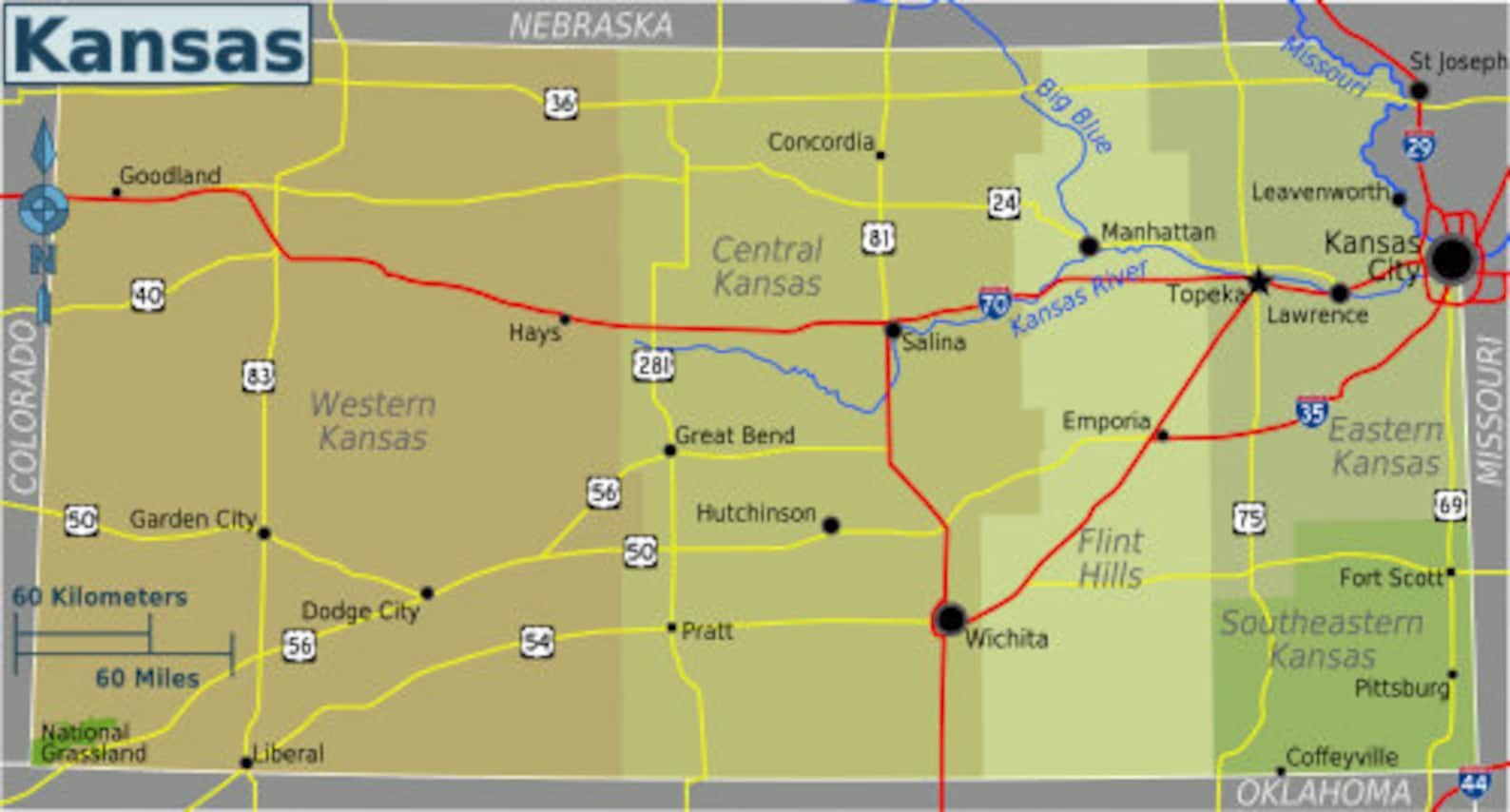 KANSAS STATE ROAD Map Glossy Poster Picture Photo Banner City County ...