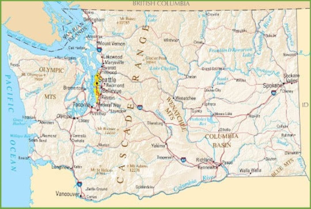 WASHINGTON STATE ROAD Map Glossy Poster Picture Photo Banner City ...