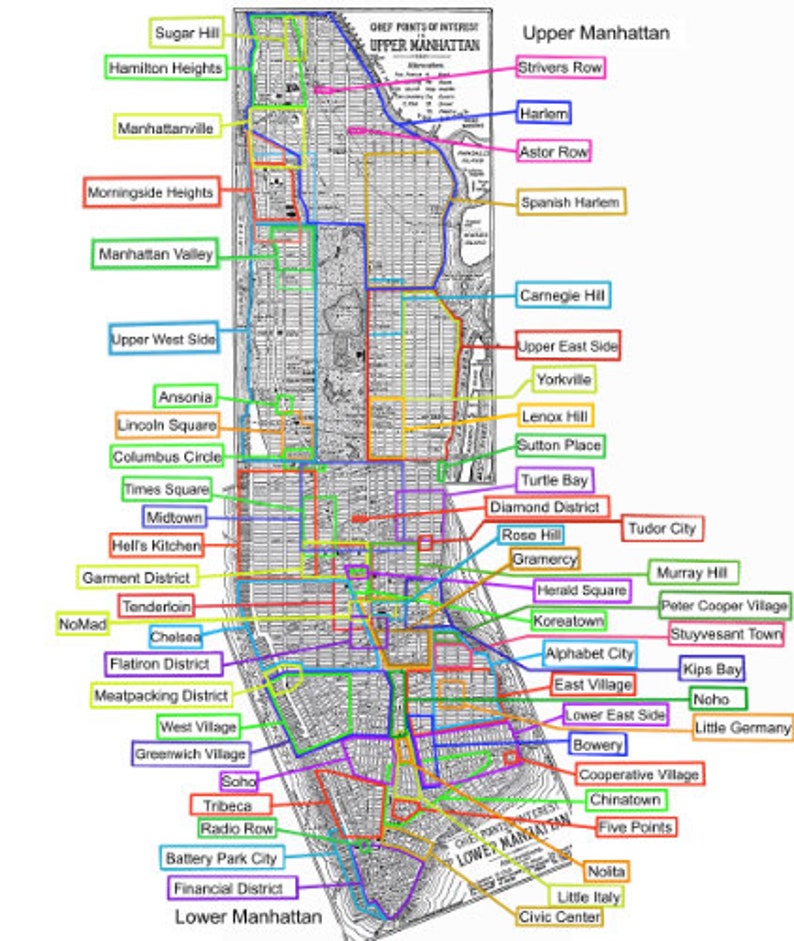 MANHATTAN NEIGHBORHOOD MAP Glossy Poster Picture Photo Print Banner Nyc ...