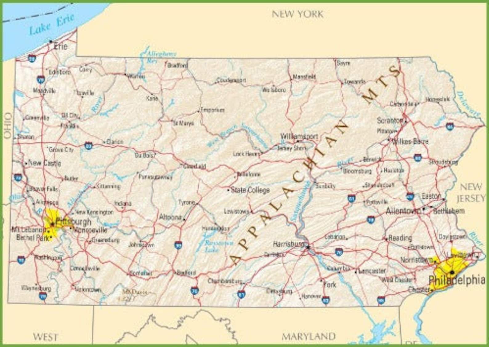 PENNSYLVANIA STATE ROAD Map Glossy Poster Picture Photo Banner City ...