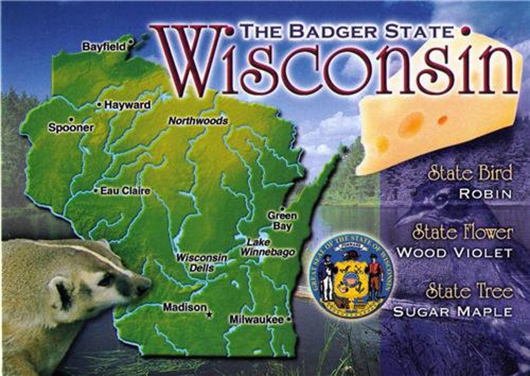 WISCONSIN THE BADGER State Glossy Poster Picture Photo Bay Head Emblem ...
