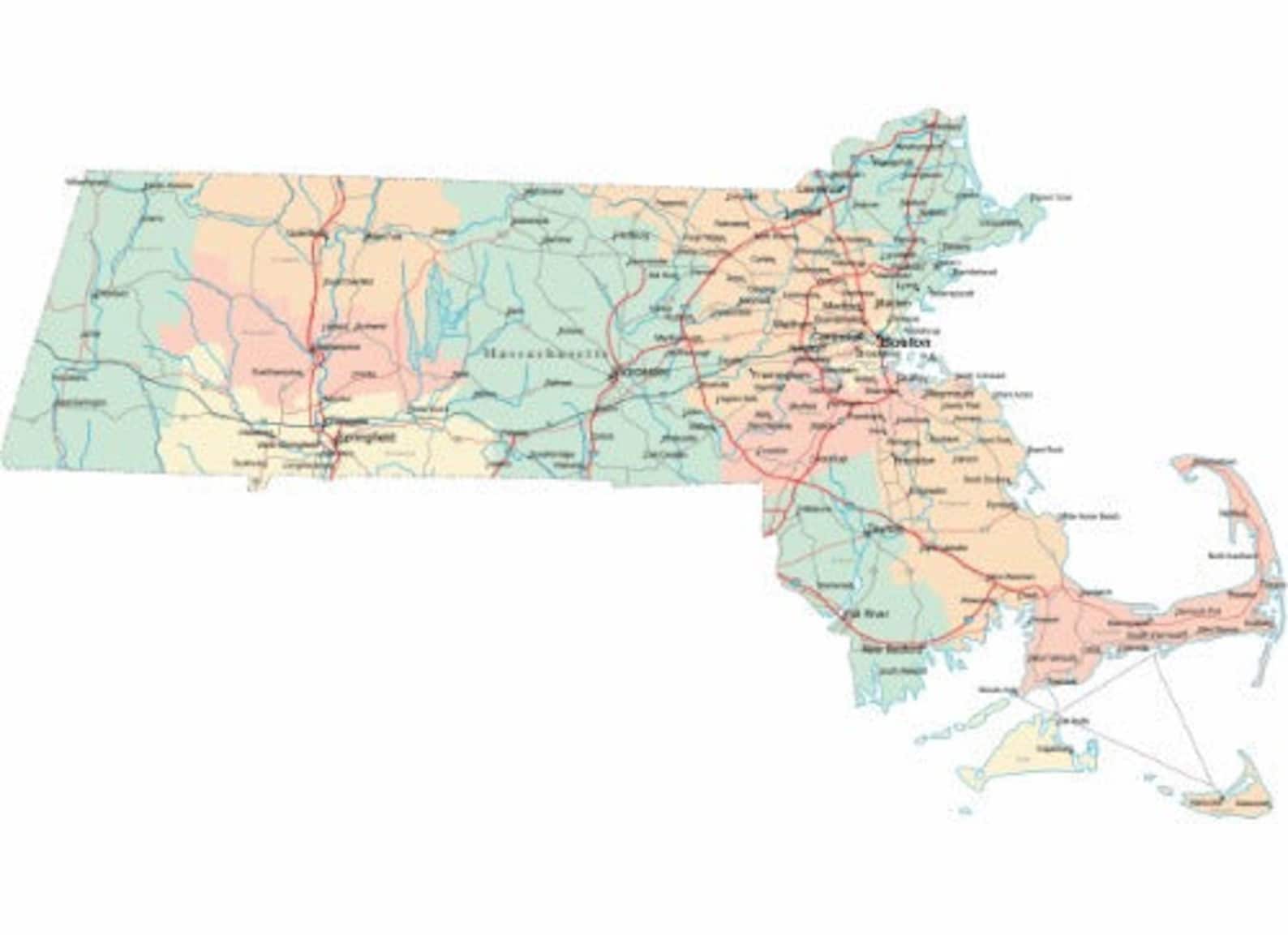 MASSACHUSETTS ROAD MAP Glossy Poster Picture Photo Boston State City ...