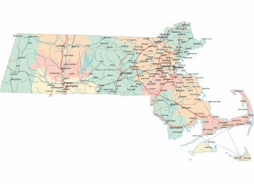 MASSACHUSETTS ROAD MAP Glossy Poster Picture Photo Boston State City ...