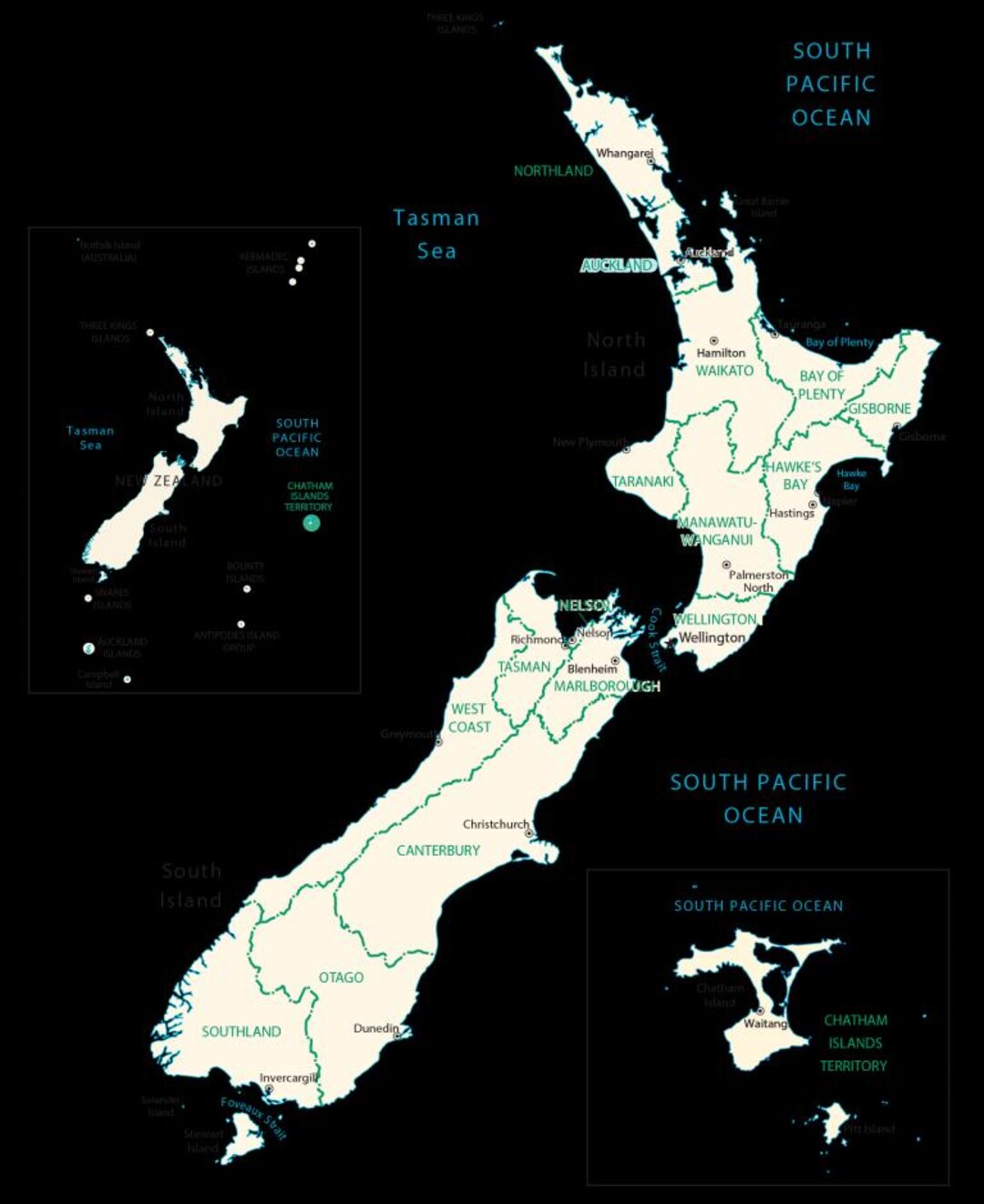 New Zealand Regions Province Map Glossy Poster Picture Photo Print ...