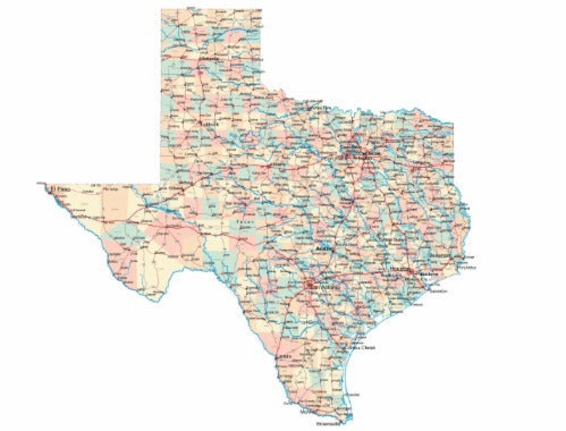 TEXAS STATE ROAD Map Glossy Poster Picture Photo City County Austin Tx ...