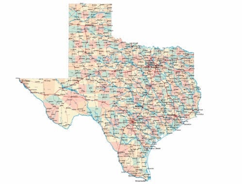 TEXAS STATE ROAD Map Glossy Poster Picture Photo City County Austin Tx ...