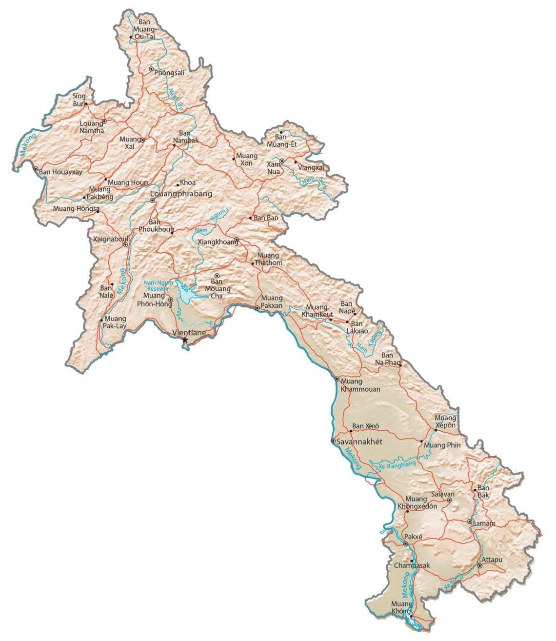 Laos Physical Map Glossy Poster Picture Photo Print Banner ...