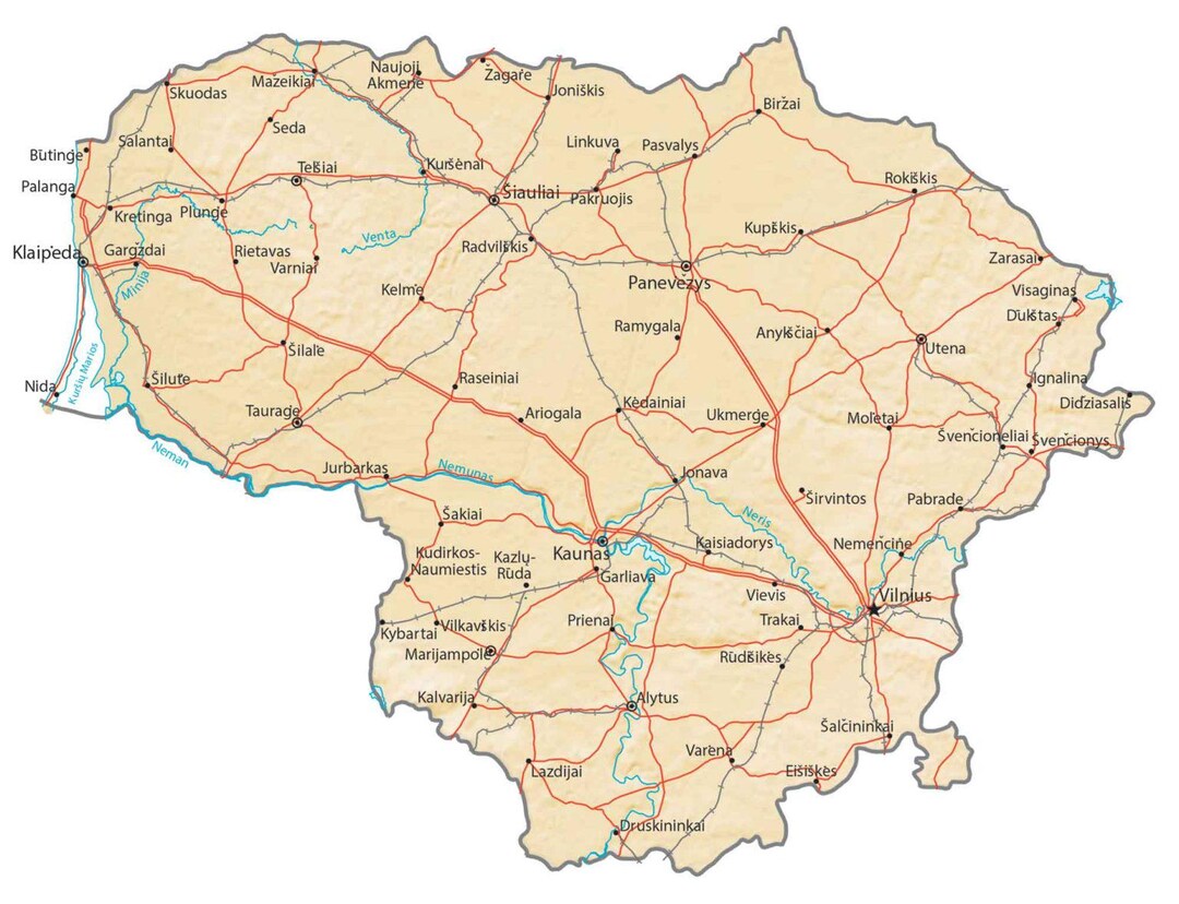 Lithuania Physical Map Glossy Poster Picture Photo Print Banner ...