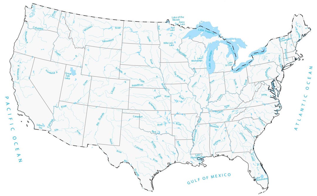 Usa Us Rivers and Lakes Map Glossy Poster Picture Photo Print Banner ...