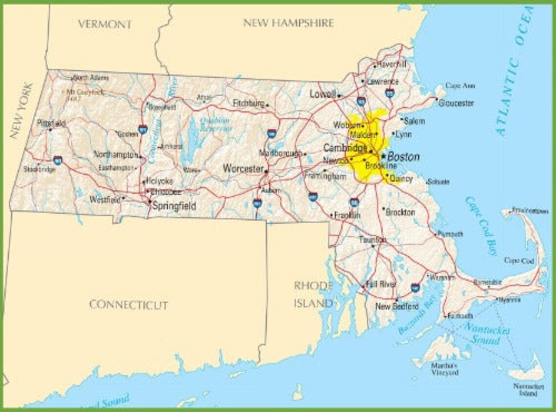 MASSACHUSETTS STATE ROAD Map Glossy Poster Picture Photo Banner City ...