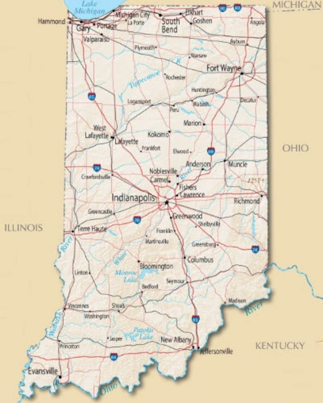 INDIANA STATE ROAD Map Glossy Poster Picture Photo Banner City ...