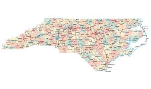NORTH CAROLINA STATE Road Map Glossy Poster Picture Photo City County ...