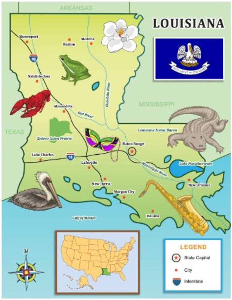 LOUISIANA STATE ROAD Map Glossy Poster Picture Photo Banner New Orleans ...