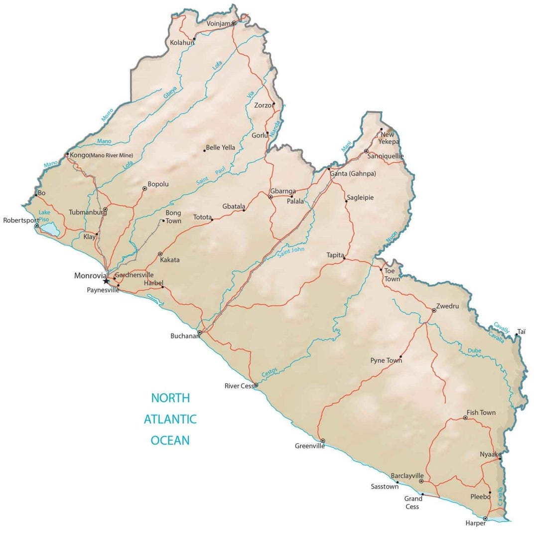 Liberia Physical Map Glossy Poster Picture Photo Print Banner ...