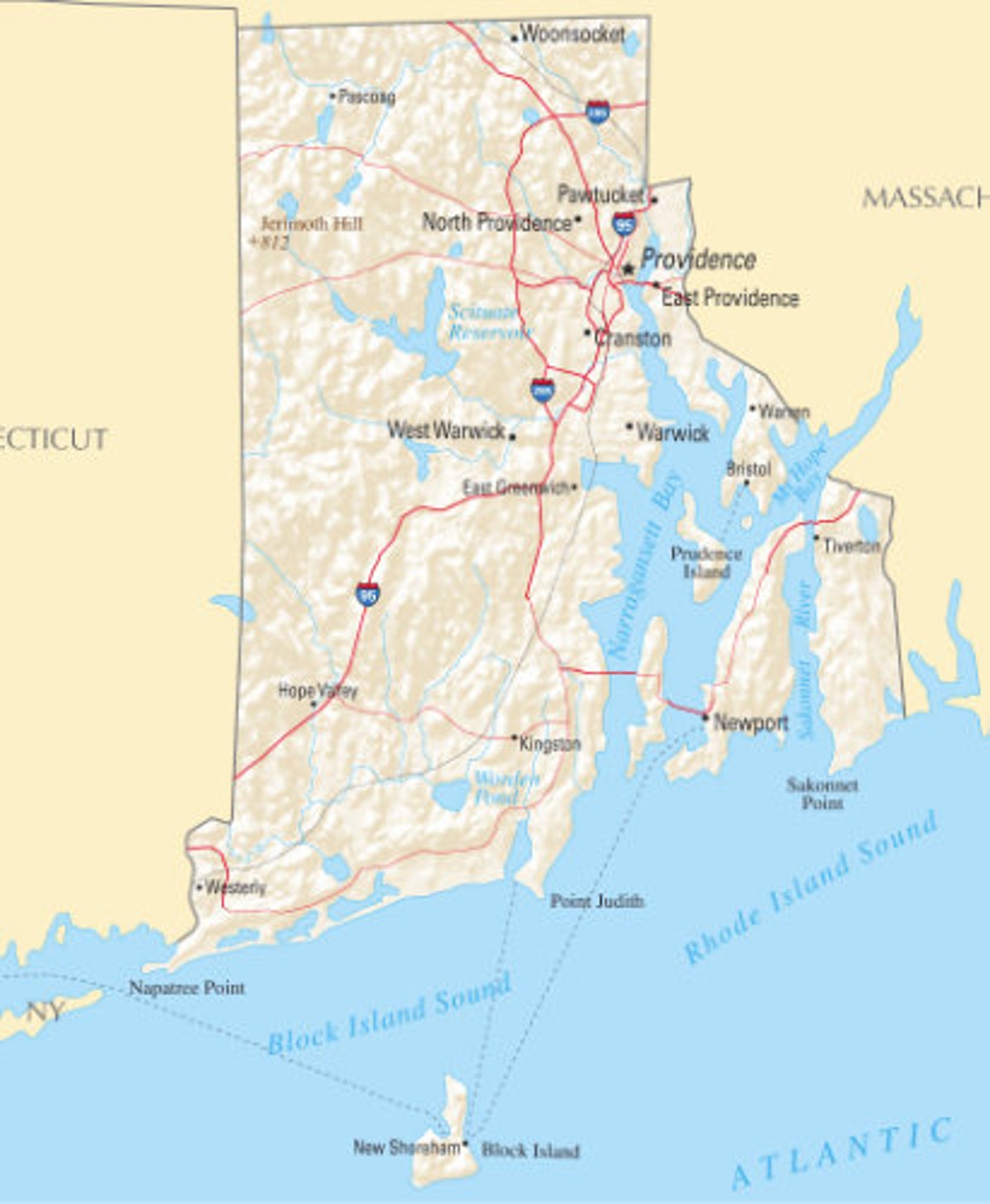 RHODE ISLAND STATE Road Map Glossy Poster Picture Photo City County Ri ...