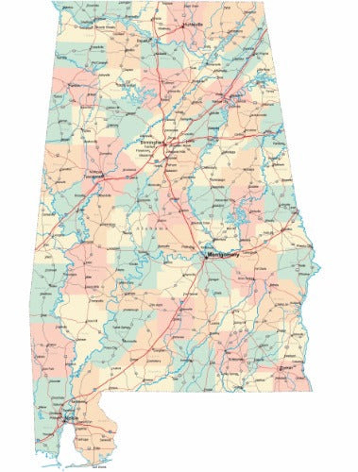 ALABAMA ROAD MAP Glossy Poster Picture Photo County City State ...