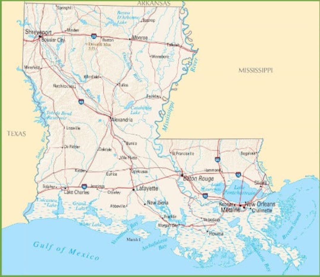 LOUISIANA STATE ROAD Map Glossy Poster Picture Photo Banner New Orleans ...