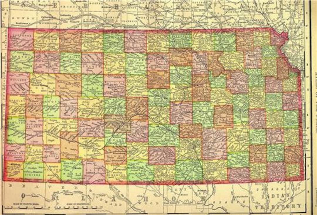 VINTAGE KANSAS STATE Map Glossy Poster Picture Photo Topeka Wichita ...
