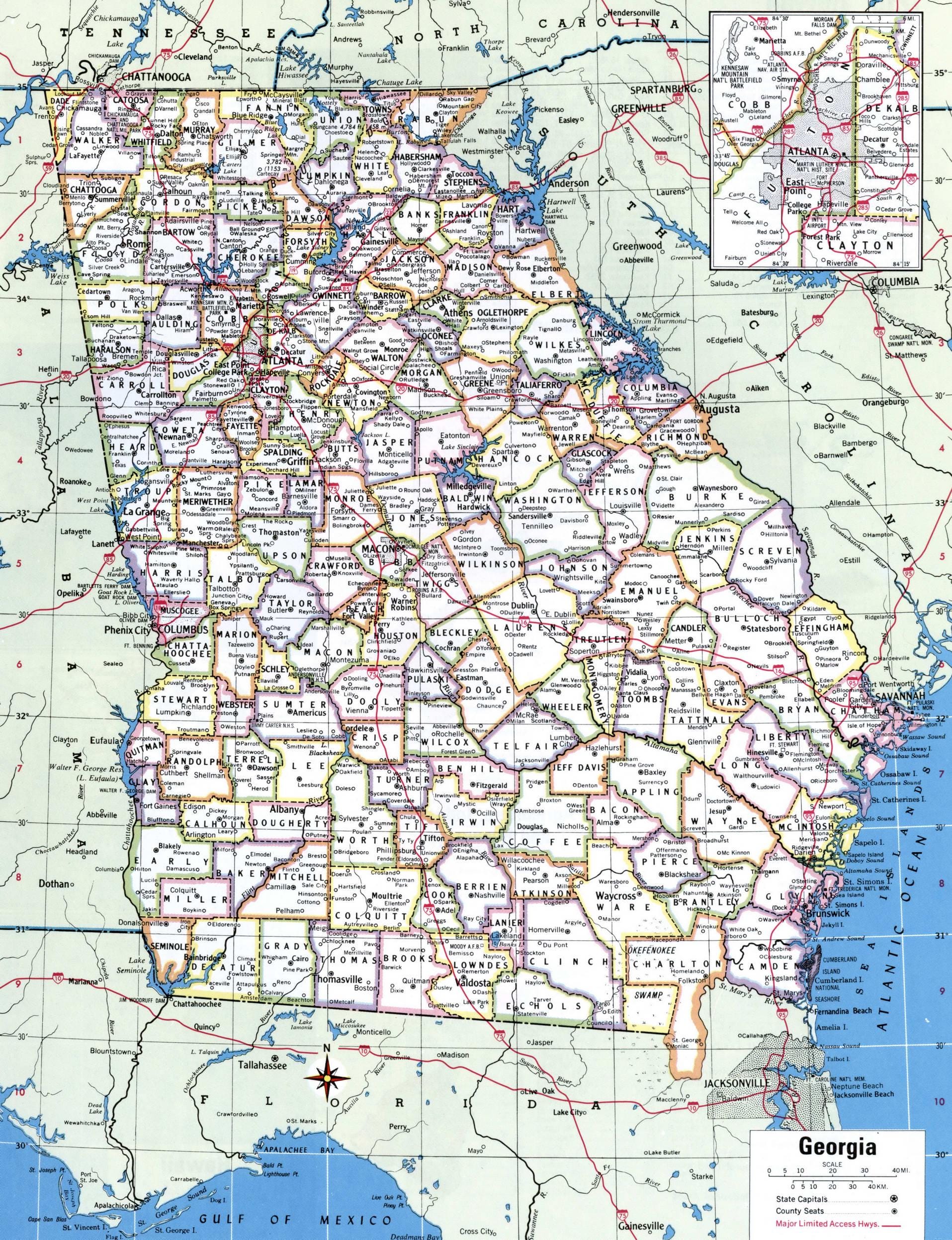 Georgia County Map With Cities And Roads Map Of Cities In Thomas