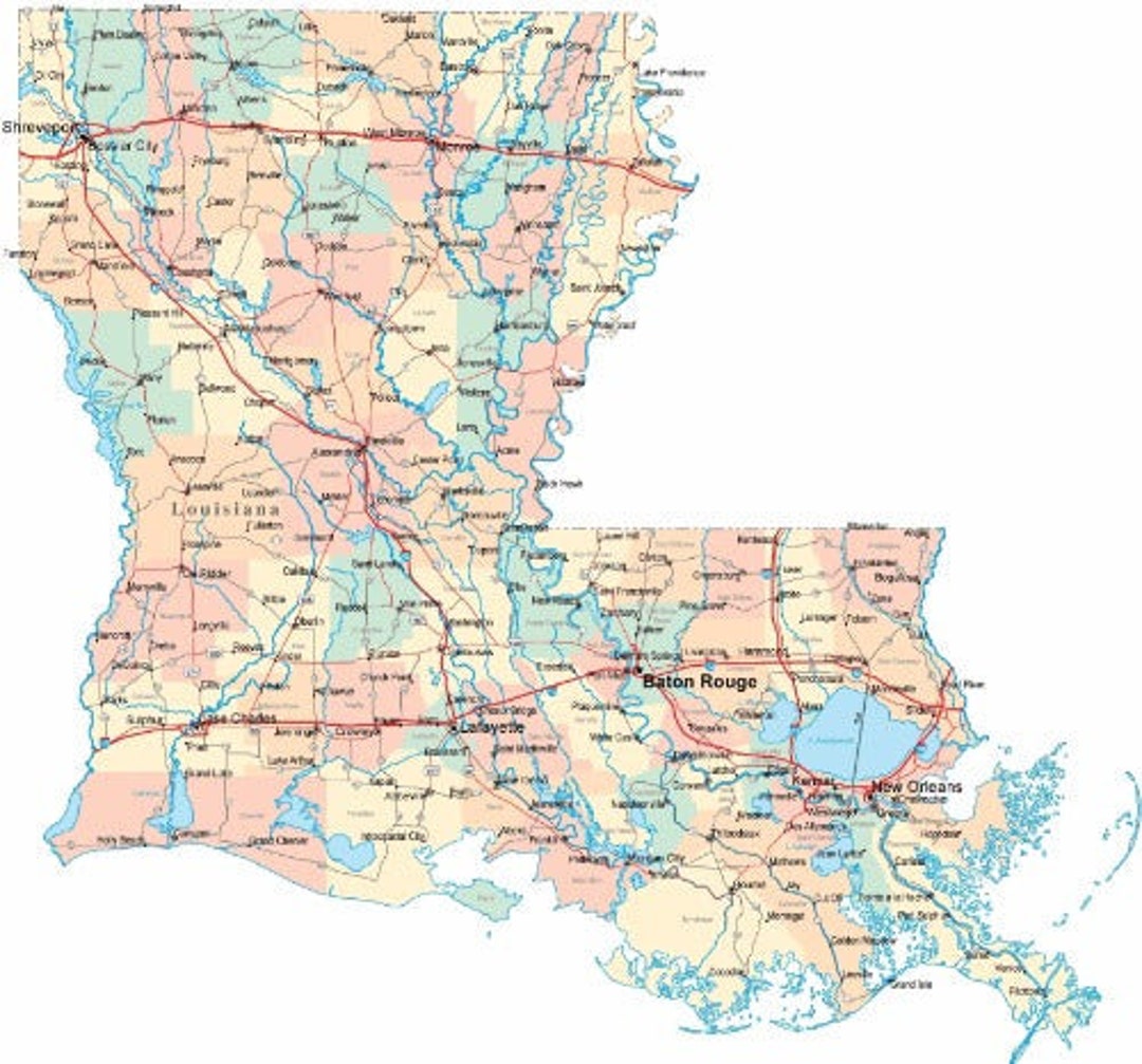 LOUISIANA ROAD MAP Glossy Poster Picture Photo State Saints City County ...