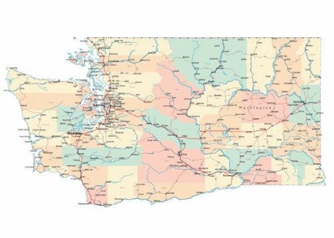 Washington State Road Map Glossy Poster Picture Photo Banner Print ...