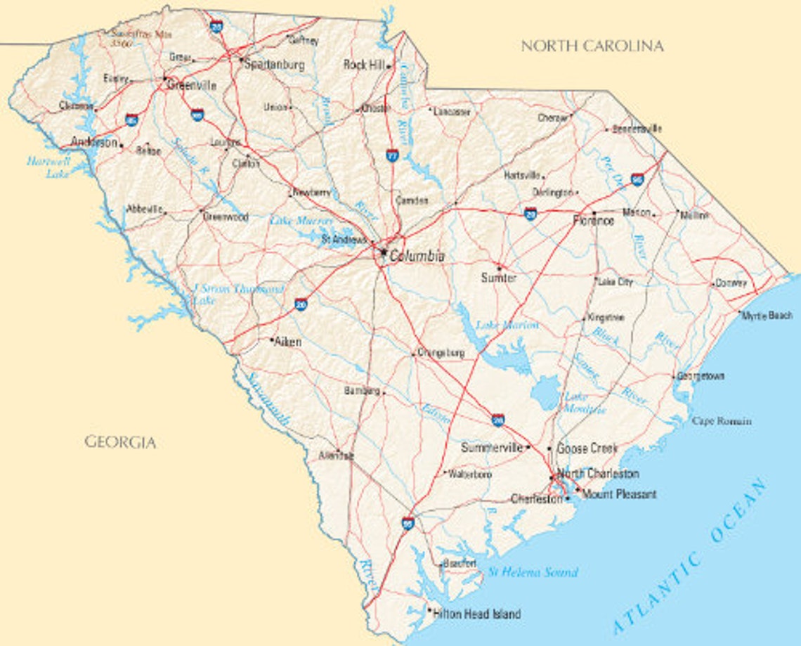 SOUTH CAROLINA STATE Road Map Glossy Poster Picture Photo Banner Sc ...