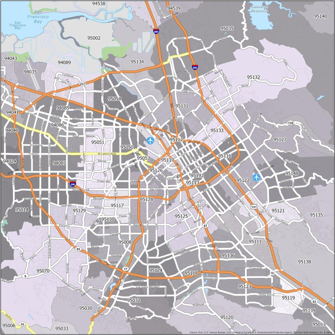San Jose Zip Code Map Glossy Poster Picture Photo Print Banner ...