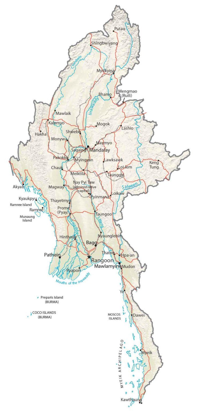 Burma Myanmar Physical Map Glossy Poster Picture Photo Print Banner ...