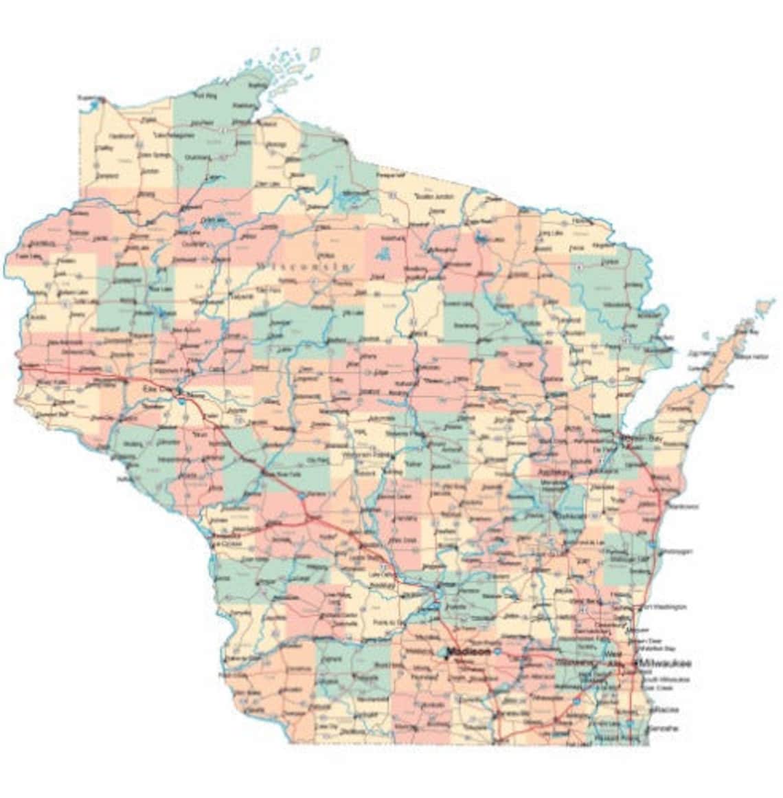 WISCONSIN STATE ROAD Map Glossy Poster Picture Photo City County ...