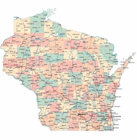 WISCONSIN STATE ROAD Map Glossy Poster Picture Photo City - Etsy
