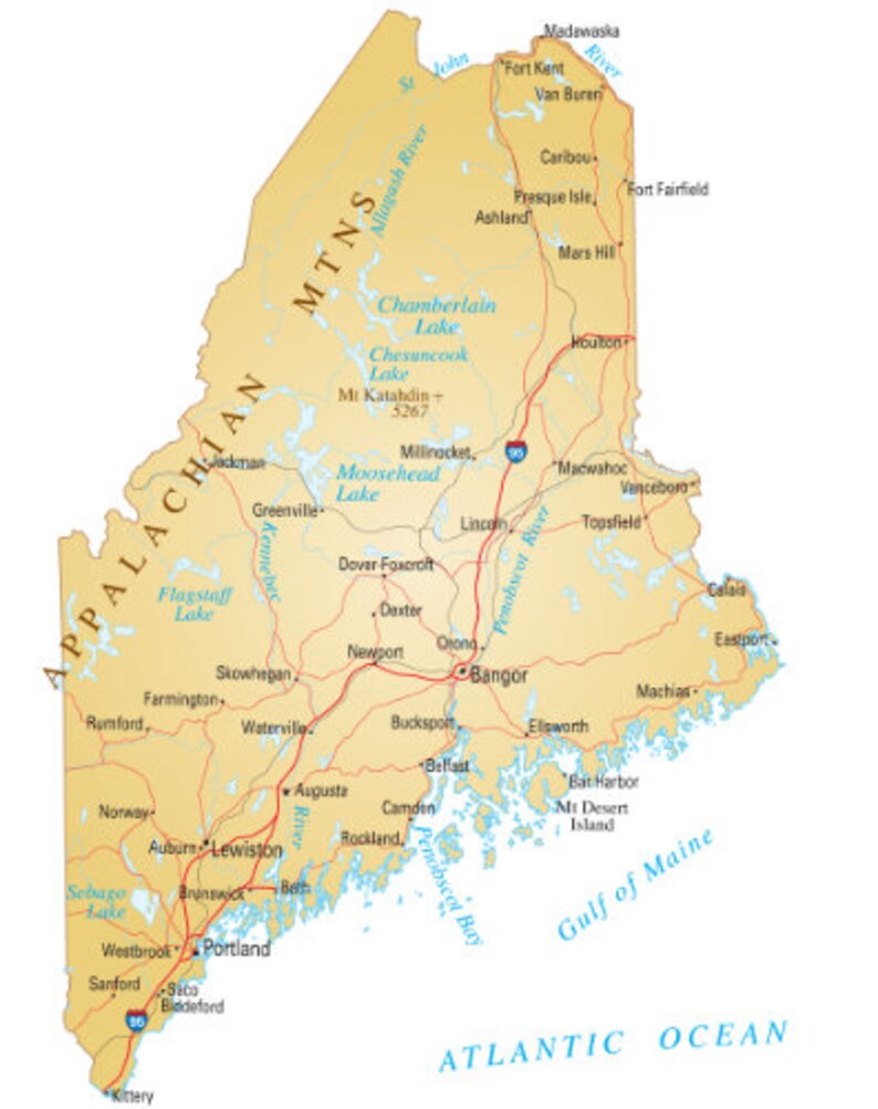 MAINE STATE ROAD Map Glossy Poster Picture Photo Banner Bangor City ...