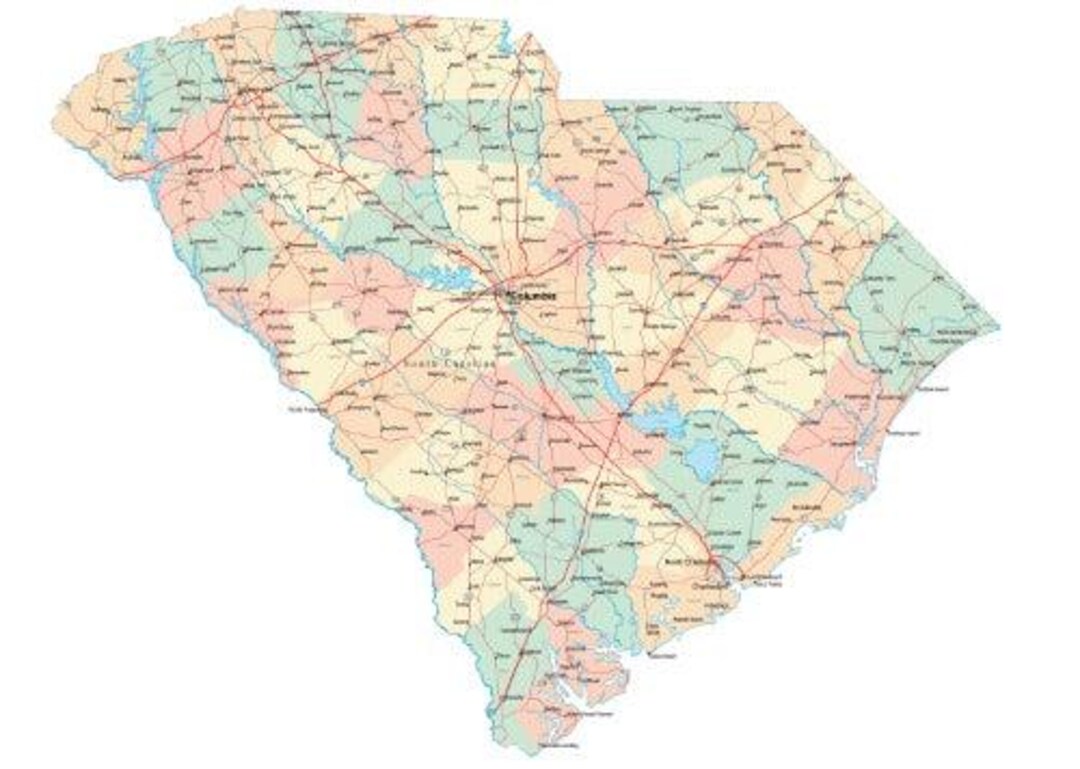 South Carolina State Road Map Glossy Poster Picture Photo Banner Sc ...