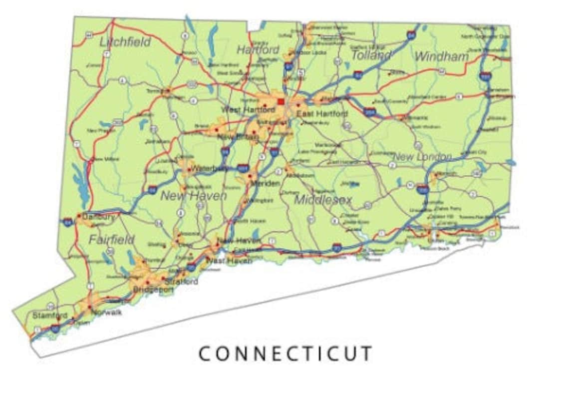 CONNECTICUT STATE ROAD Map Glossy Poster Picture Photo Banner Hartford ...
