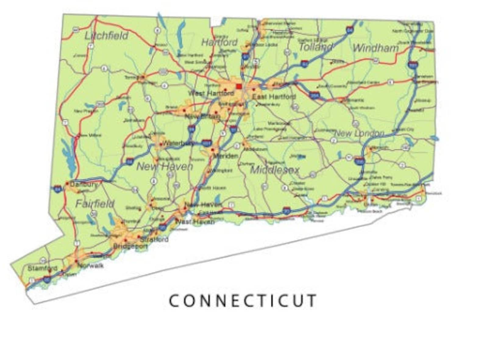 CONNECTICUT STATE ROAD Map Glossy Poster Picture Photo Banner Hartford ...